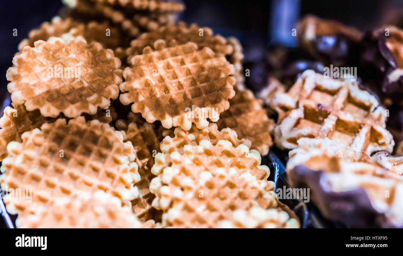 Macro closeup of waffle cookies on display in bakery Stock Photo - Alamy