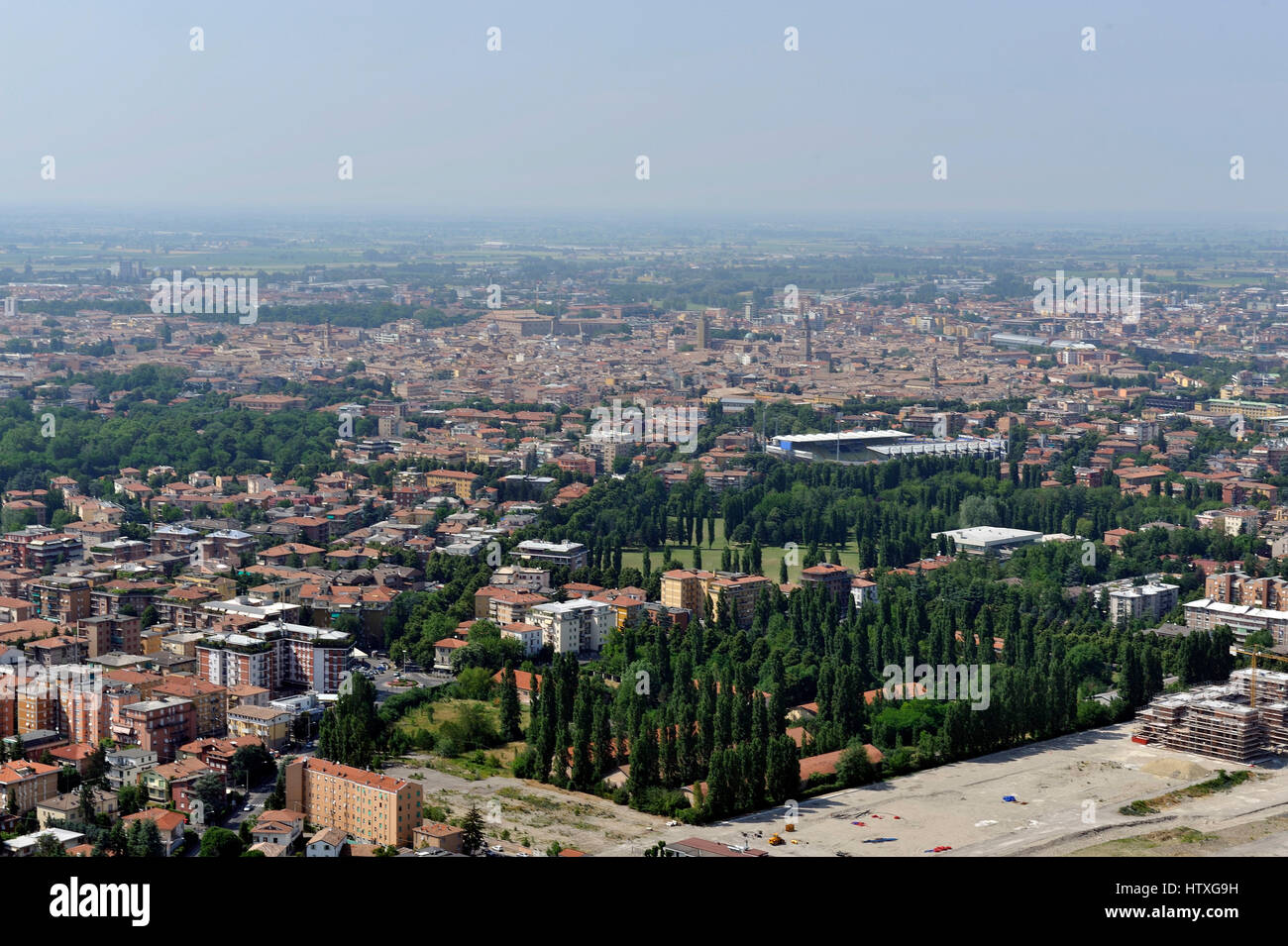 Aerial view of Parma with Piazza del Duomo, the Cathedral, the ...