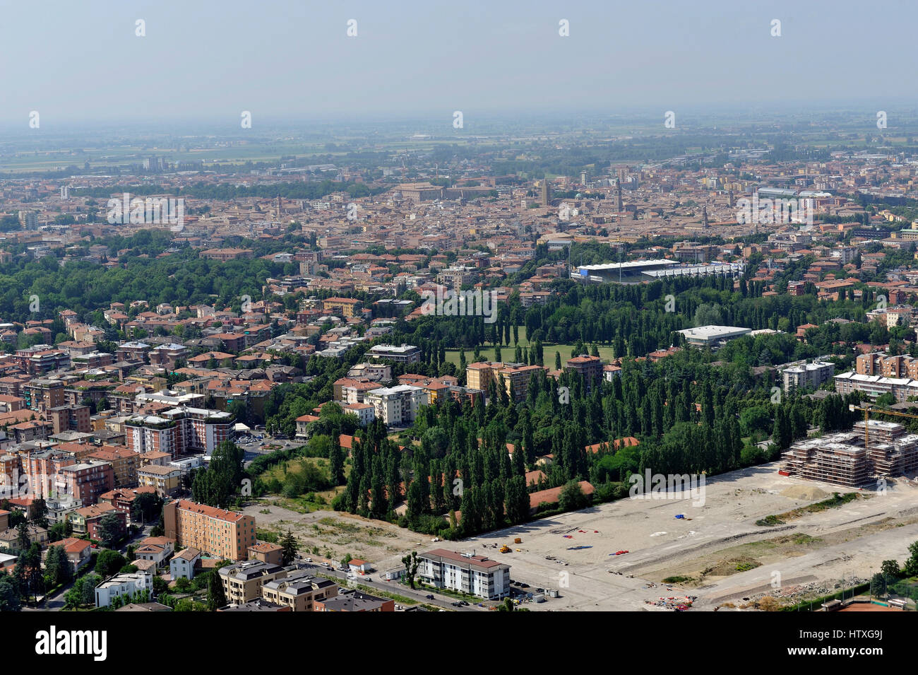Aerial view of Parma with Piazza del Duomo, the Cathedral, the ...