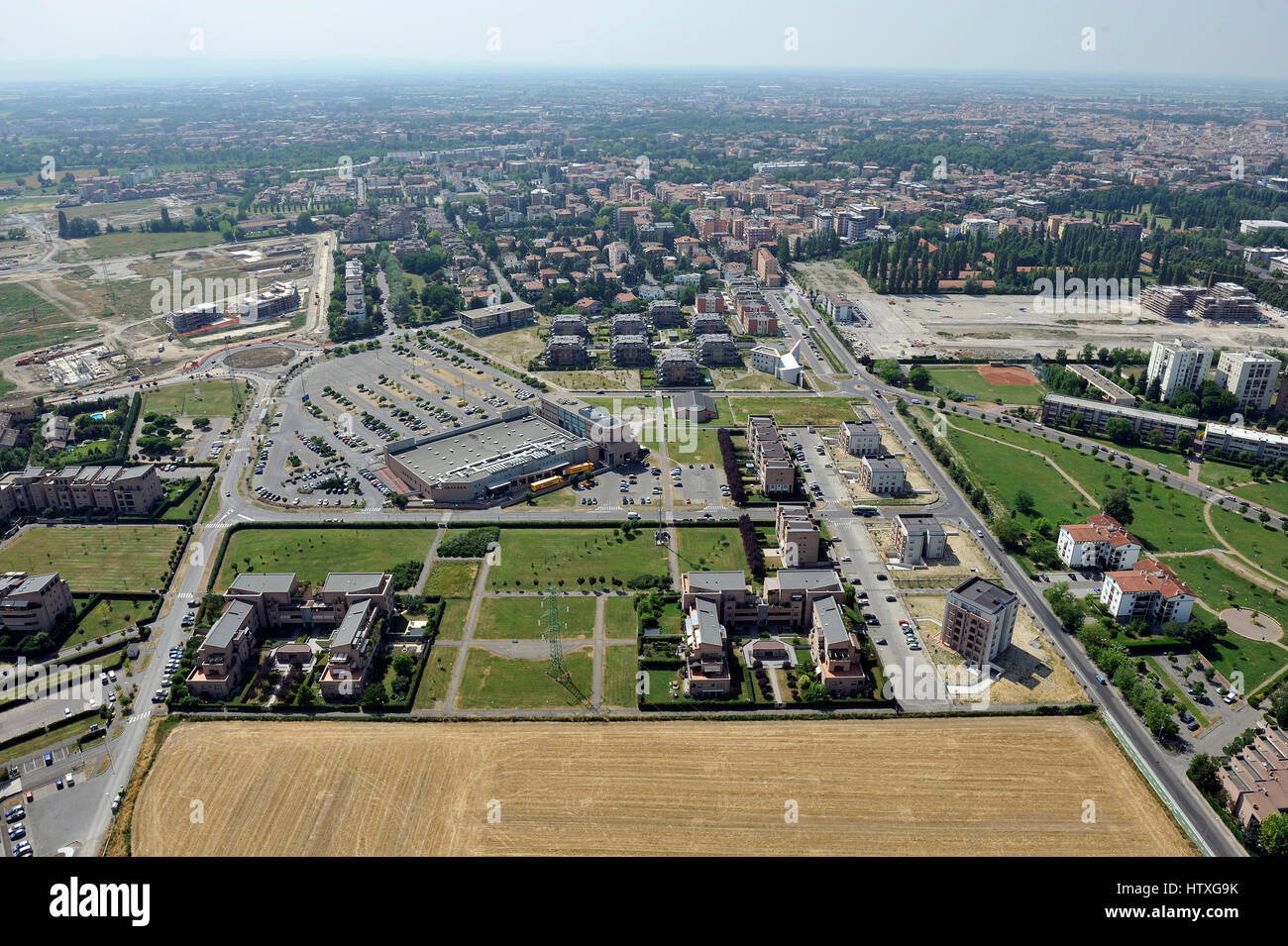 Aerial view of Parma with Piazza del Duomo, the Cathedral, the ...