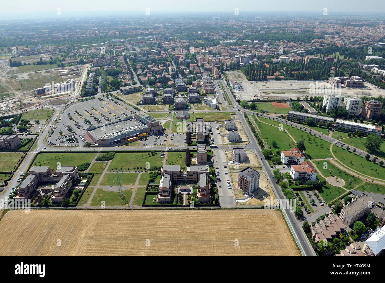 Aerial view of Parma with Piazza del Duomo, the Cathedral, the ...