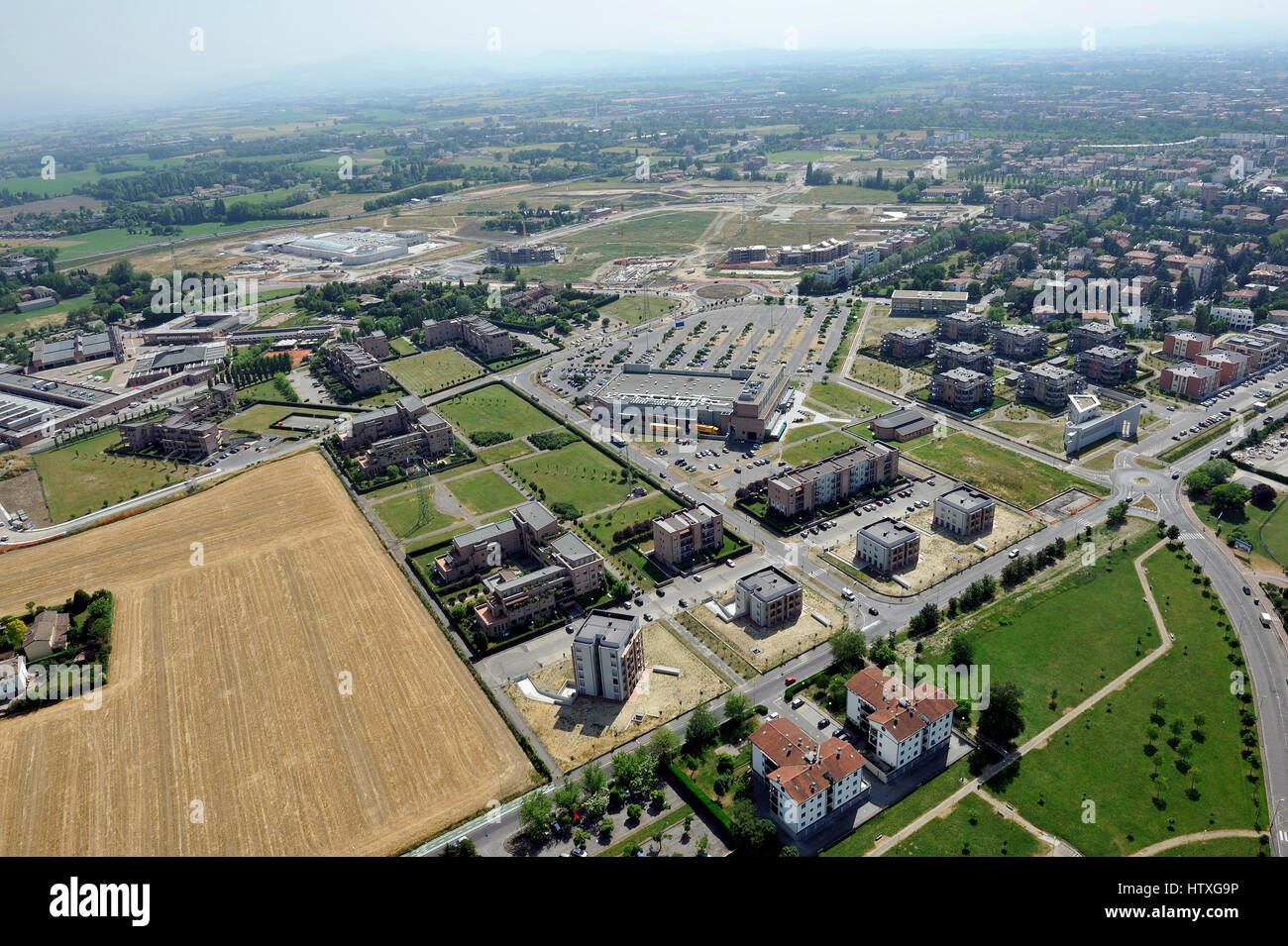 Aerial view of Parma with Piazza del Duomo, the Cathedral, the ...
