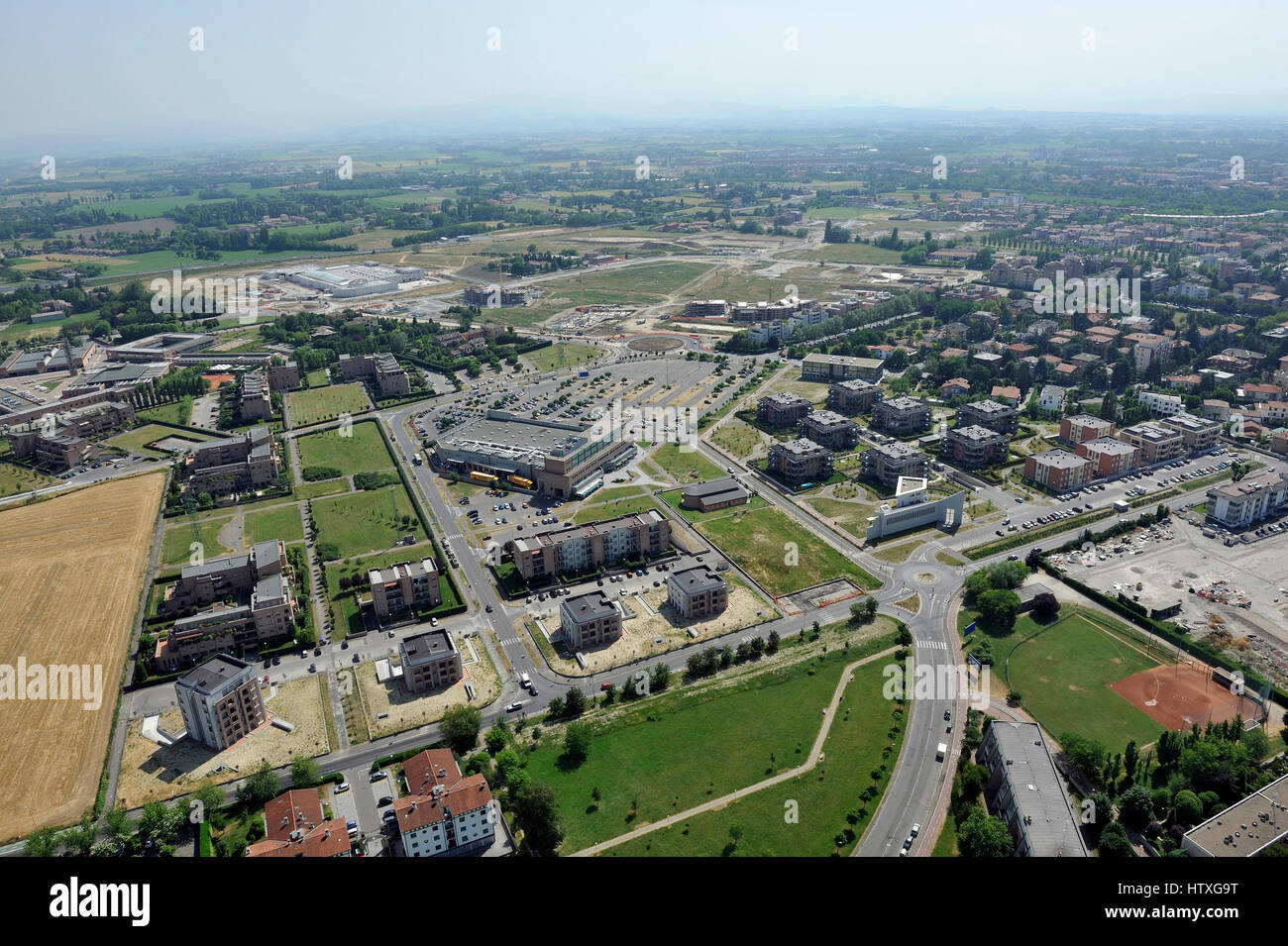 Aerial view of Parma with Piazza del Duomo, the Cathedral, the ...