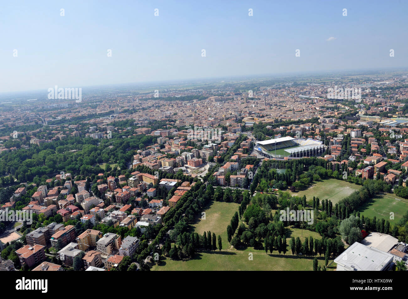 Aerial view of Parma with Piazza del Duomo, the Cathedral, the ...
