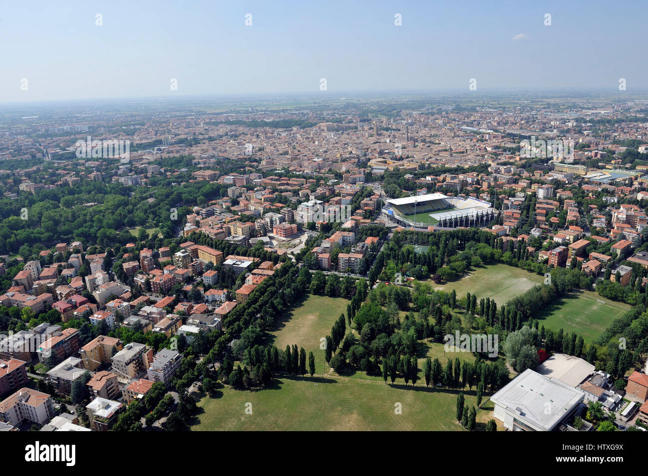Aerial view of Parma with Piazza del Duomo, the Cathedral, the ...