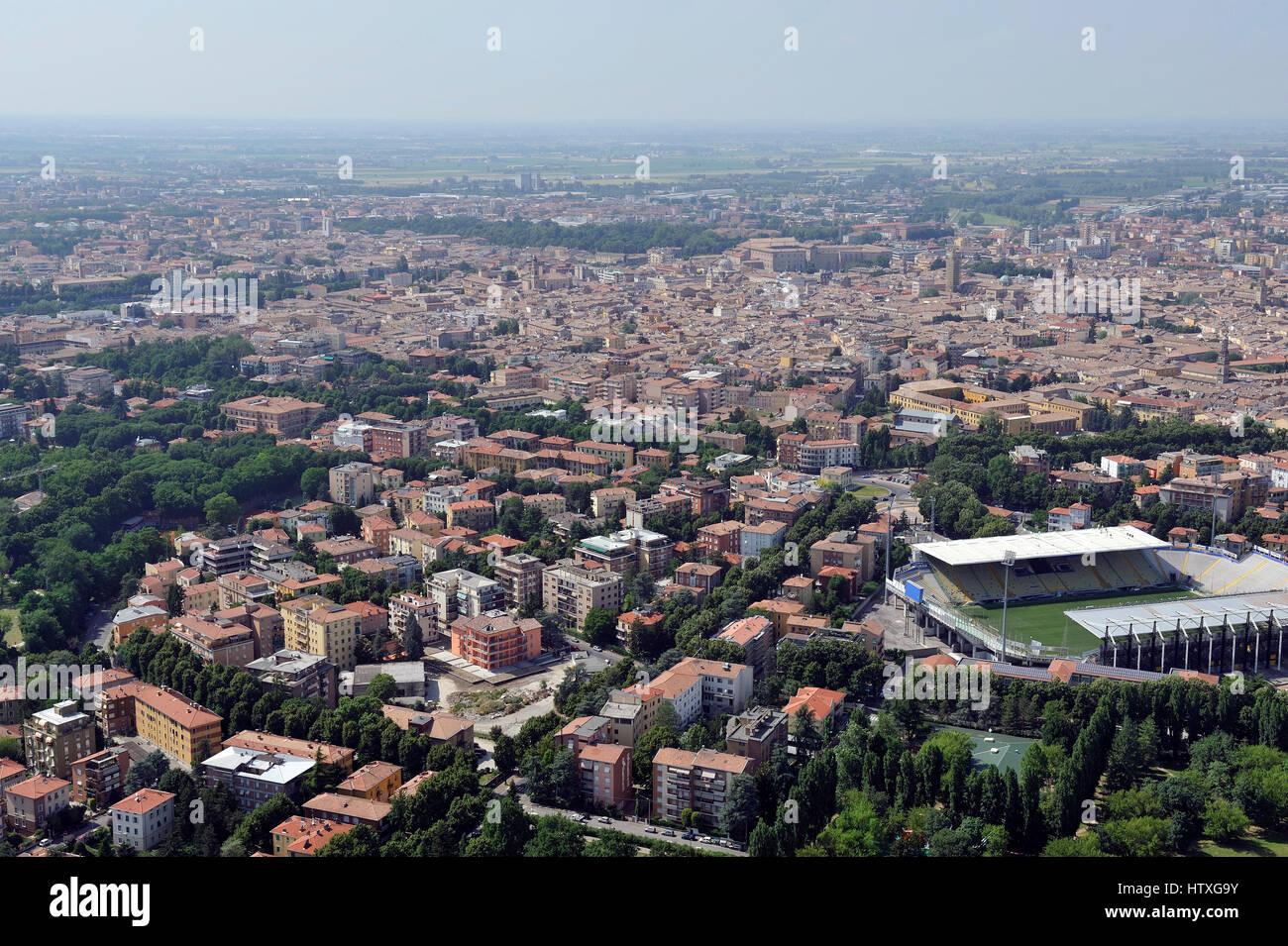 Aerial view of Parma with Piazza del Duomo, the Cathedral, the ...
