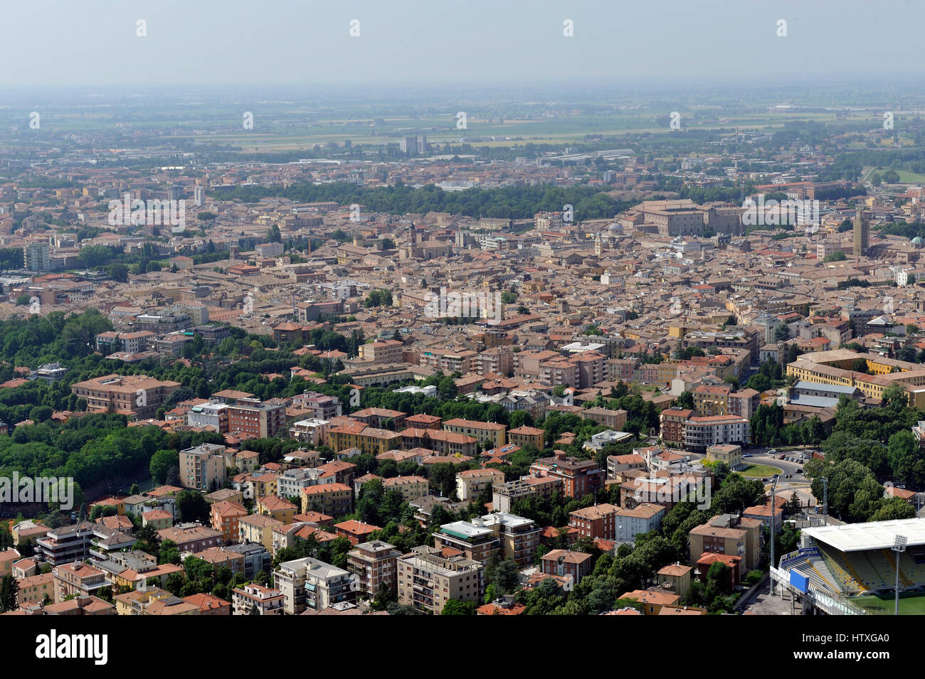 Aerial view of Parma with Piazza del Duomo, the Cathedral, the ...