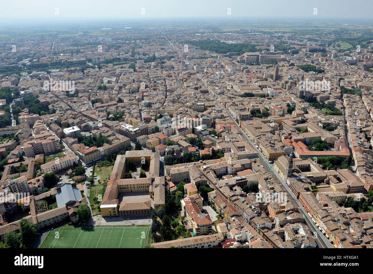 Aerial view of Parma with Piazza del Duomo, the Cathedral, the ...