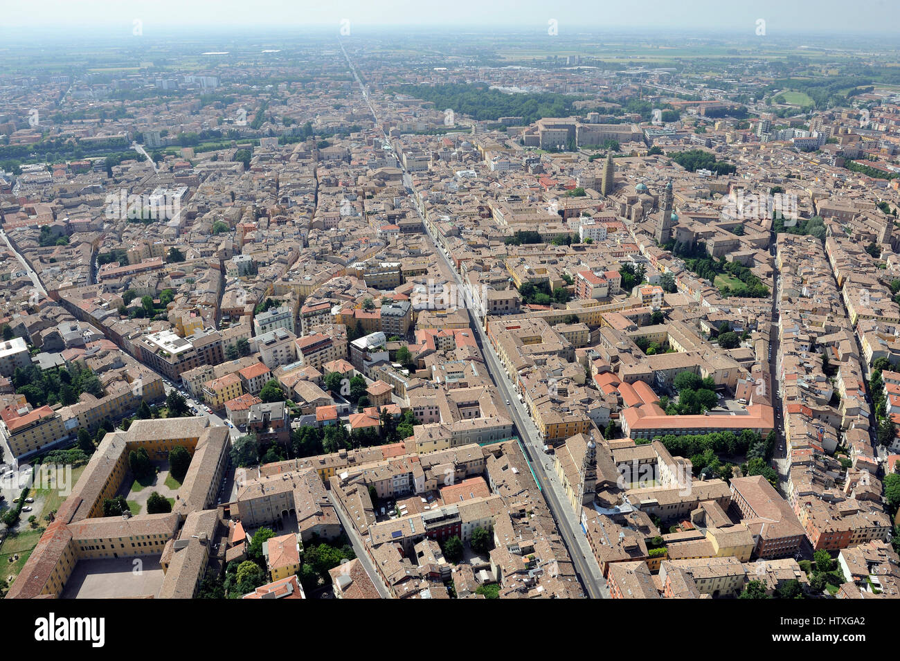 Aerial view of Parma with Piazza del Duomo, the Cathedral, the ...