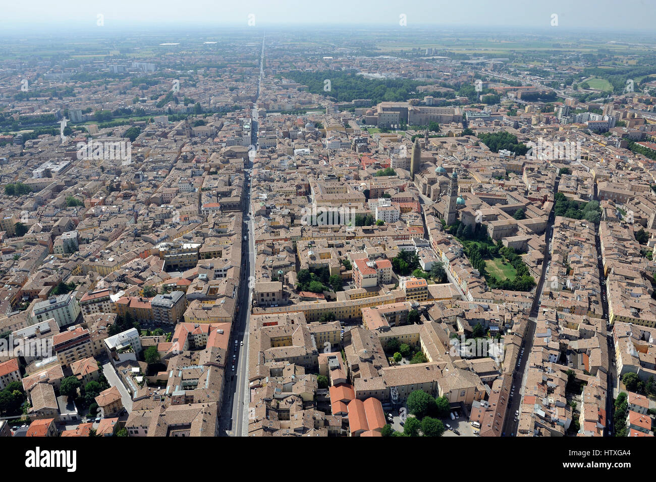 Aerial view of Parma with Piazza del Duomo, the Cathedral, the ...