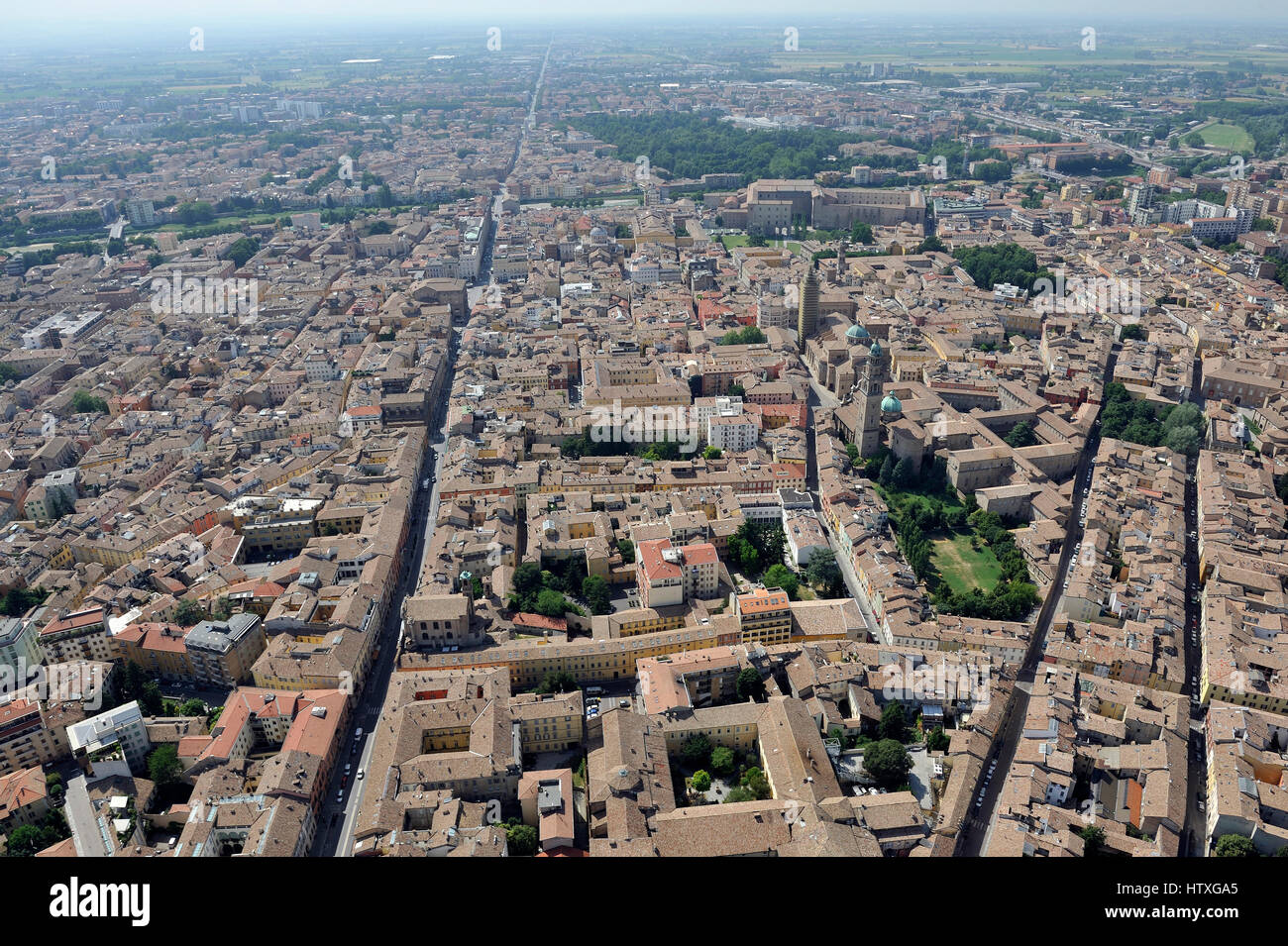 Aerial view of Parma with Piazza del Duomo, the Cathedral, the ...