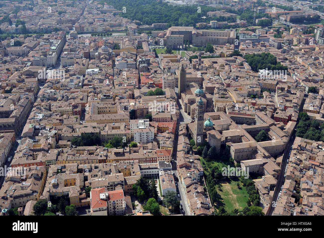 Aerial view of Parma with Piazza del Duomo, the Cathedral, the ...