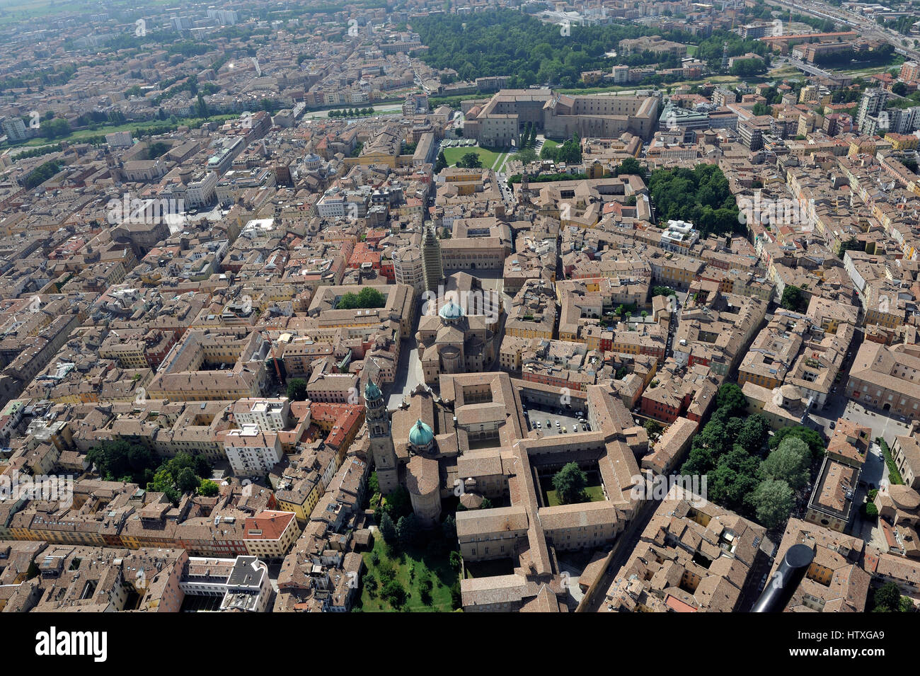 Aerial view of Parma with Piazza del Duomo, the Cathedral, the ...