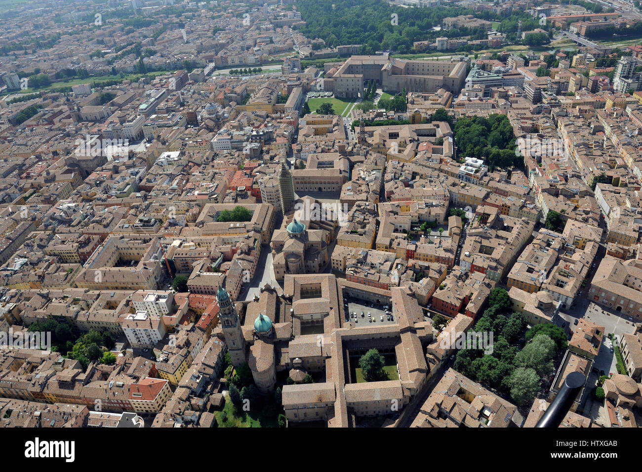 Aerial view of Parma with Piazza del Duomo, the Cathedral, the ...