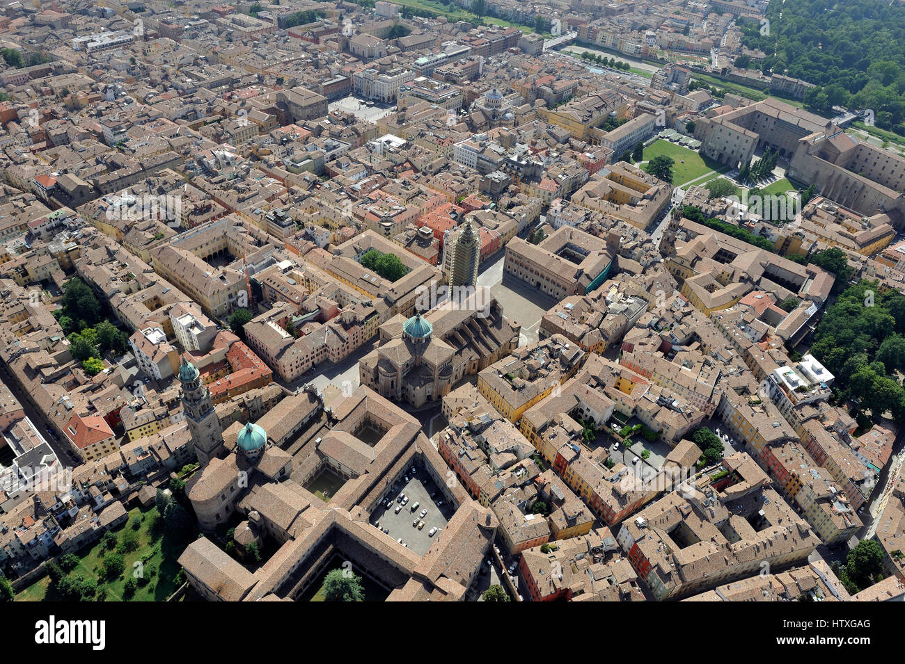 Aerial view of Parma with Piazza del Duomo, the Cathedral, the ...