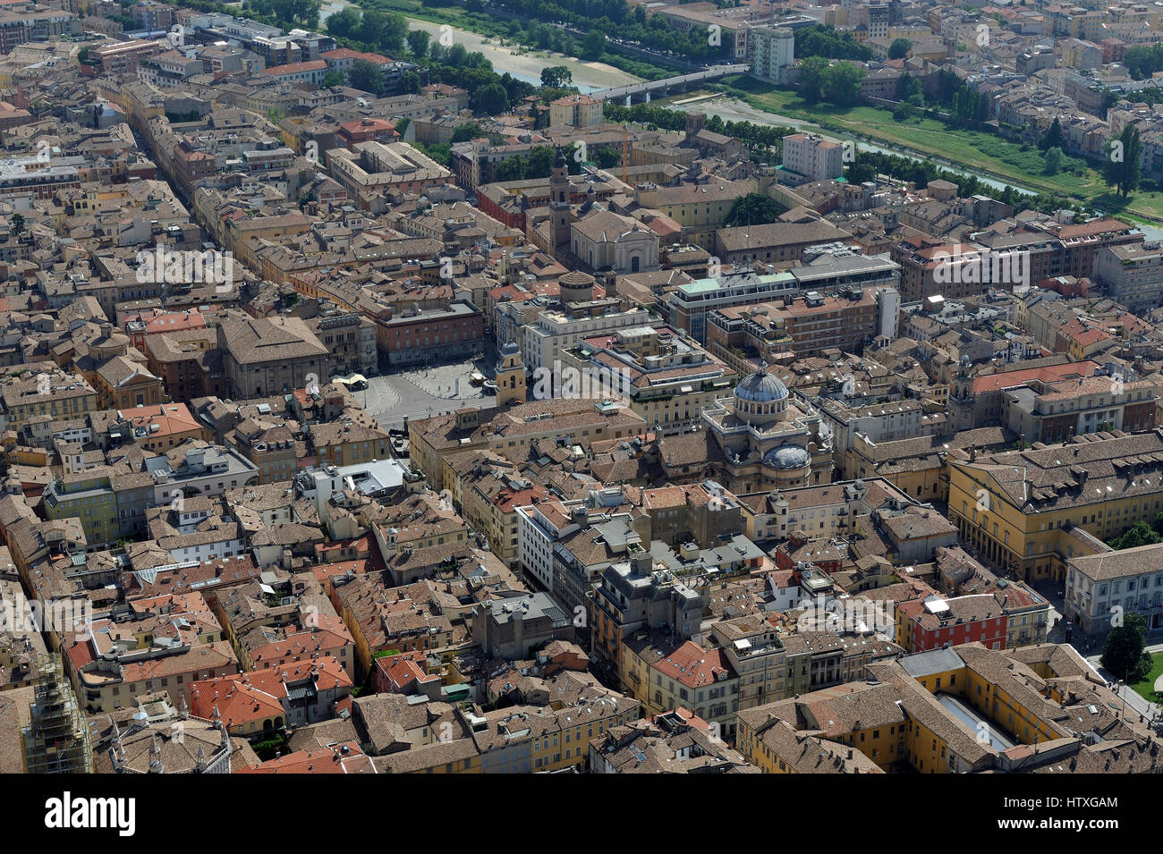 Aerial view of Parma with Piazza del Duomo, the Cathedral, the ...