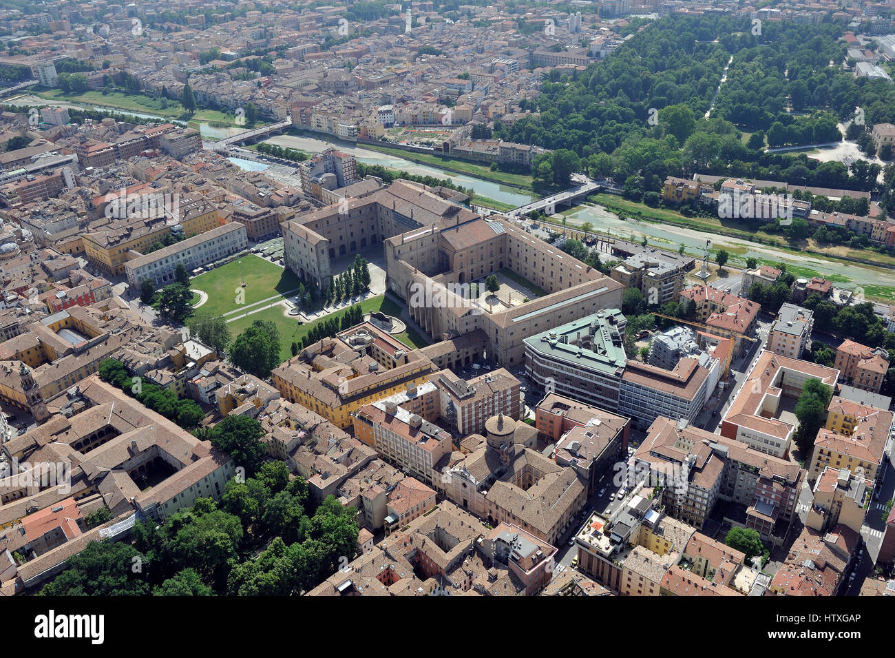 Aerial view of Parma with Piazza del Duomo, the Cathedral, the ...