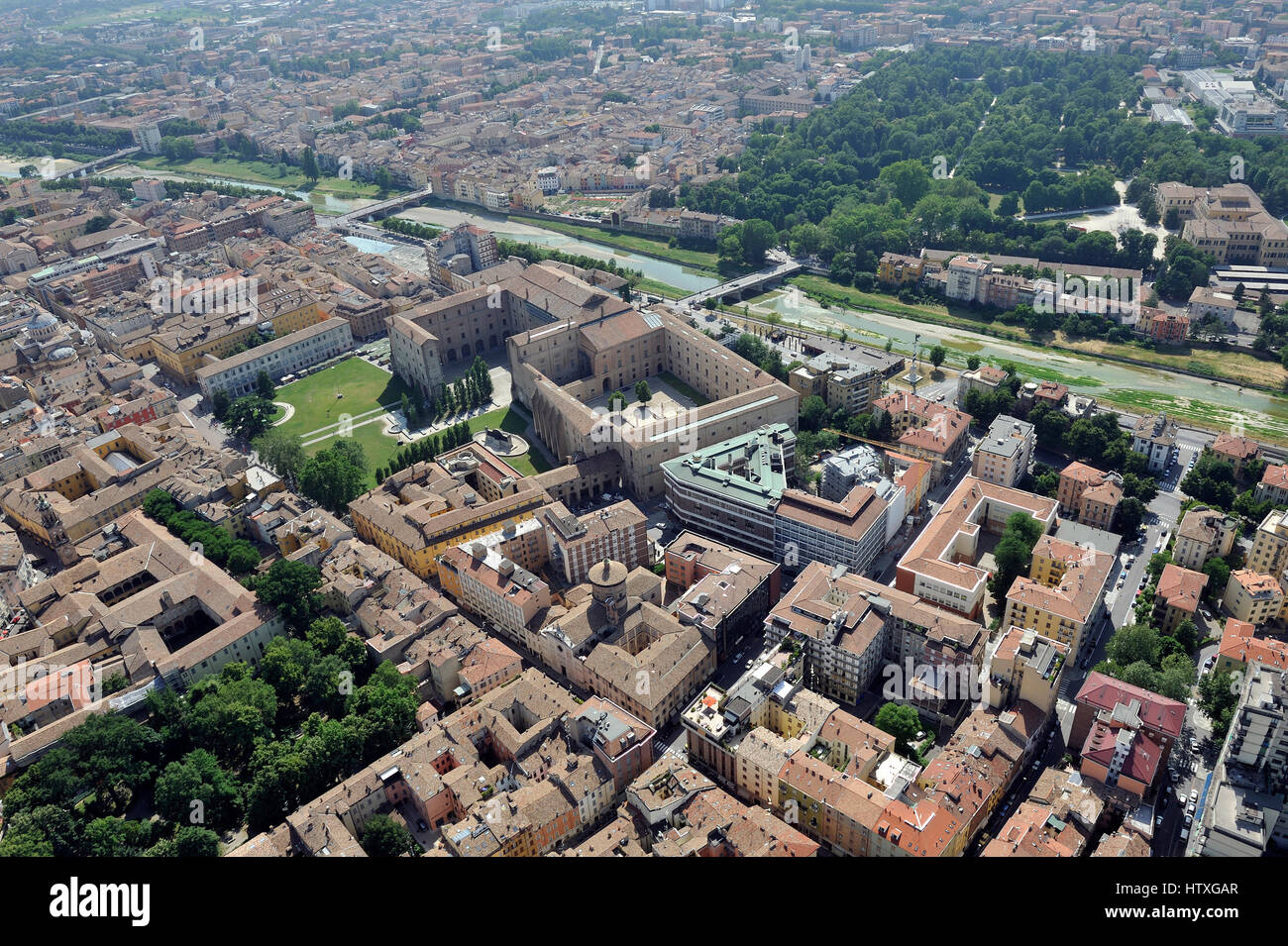 Aerial view of Parma with Piazza del Duomo, the Cathedral, the ...