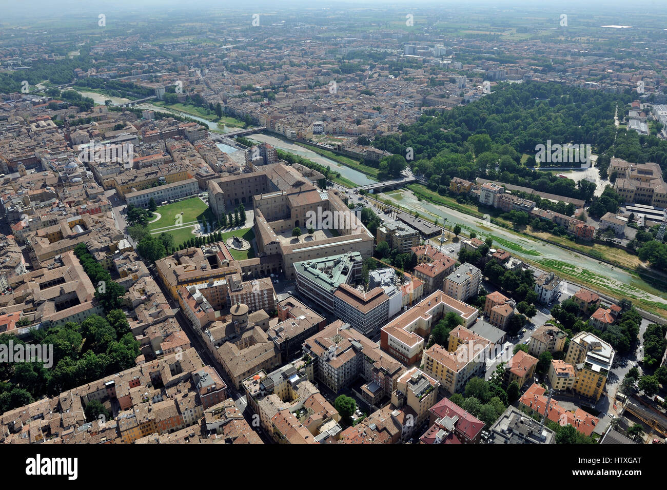 Aerial view of Parma with Piazza del Duomo, the Cathedral, the ...