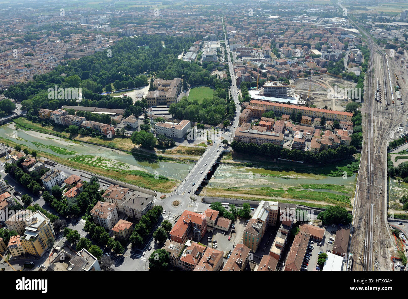 Aerial view of Parma with Piazza del Duomo, the Cathedral, the ...