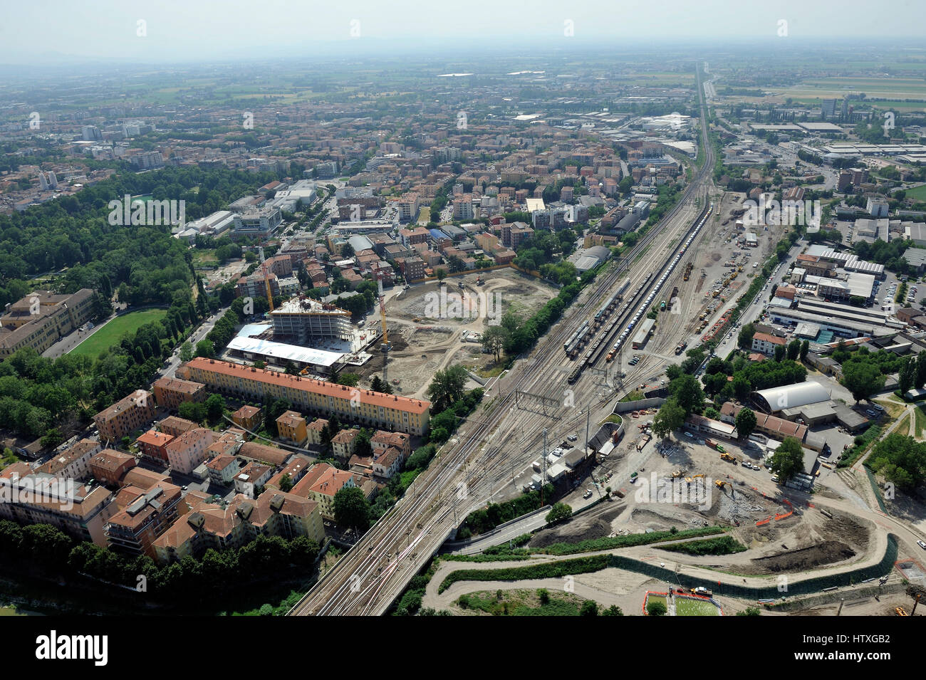 Aerial view of Parma with Piazza del Duomo, the Cathedral, the ...