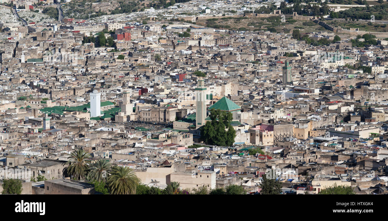 Fes, Morocco. Old City (Fes El-Bali), Kairaouine Mosque (on left, with ...