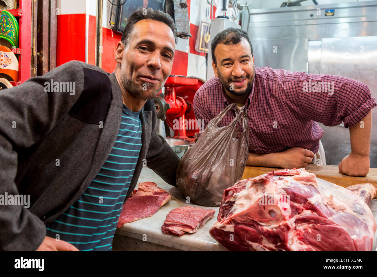 Fes, Morocco. Moroccan Butcher and his Customer, Talaa Kebira Street in ...