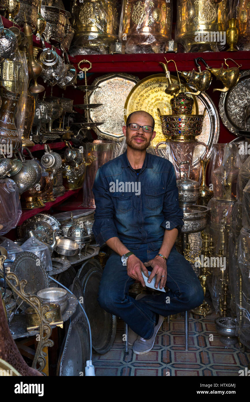 Fes, Morocco. Place Seffarine. Vendor of Brass Trays and Utensils Stock ...