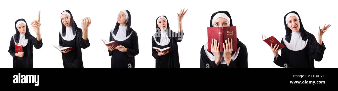 Pretty nun with Bible isolated on white Stock Photo - Alamy