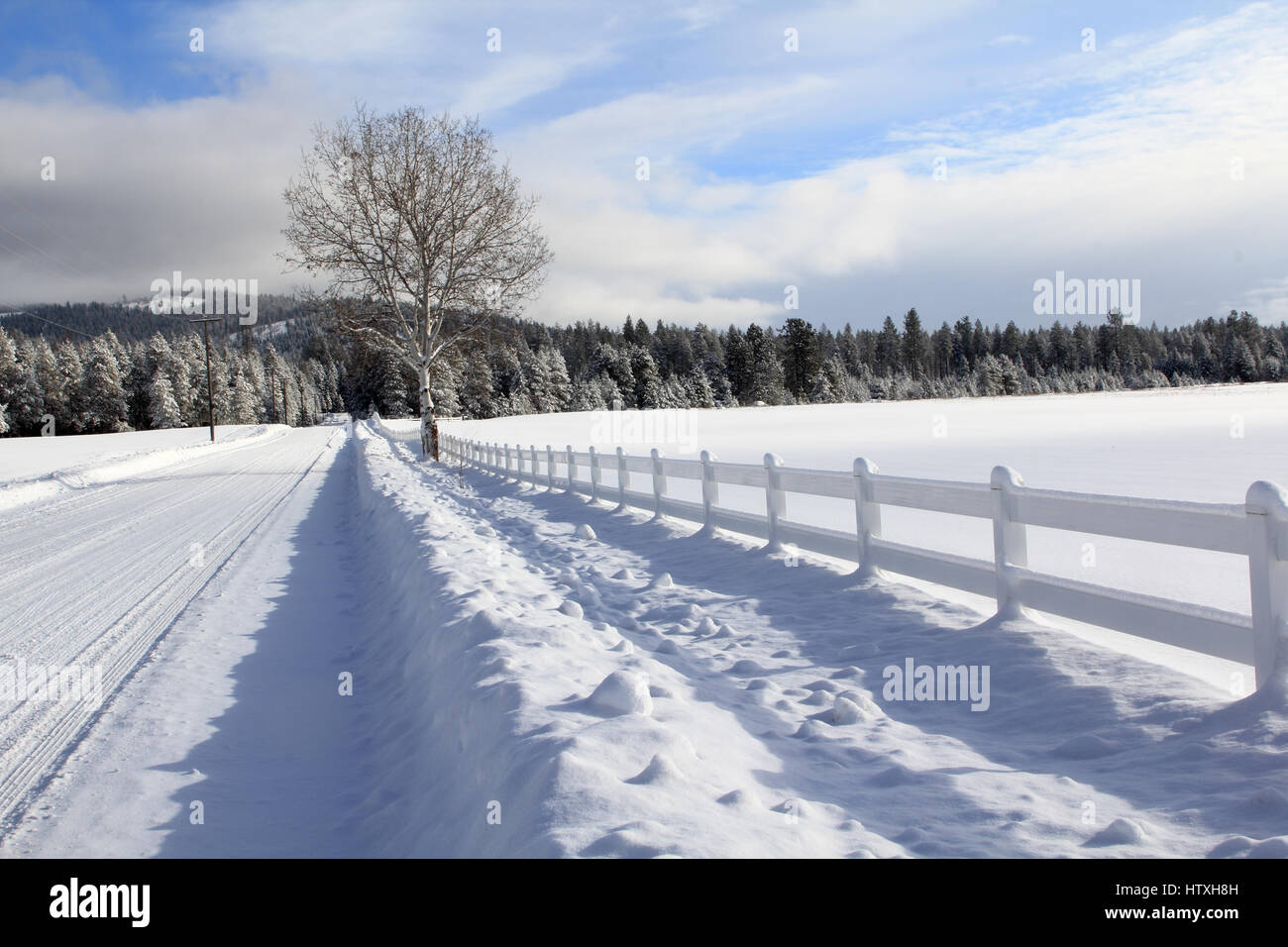White fence line in snow Stock Photo - Alamy