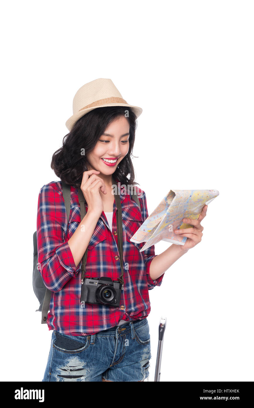 Woman travel. Young beautiful asian woman traveler watching map ...