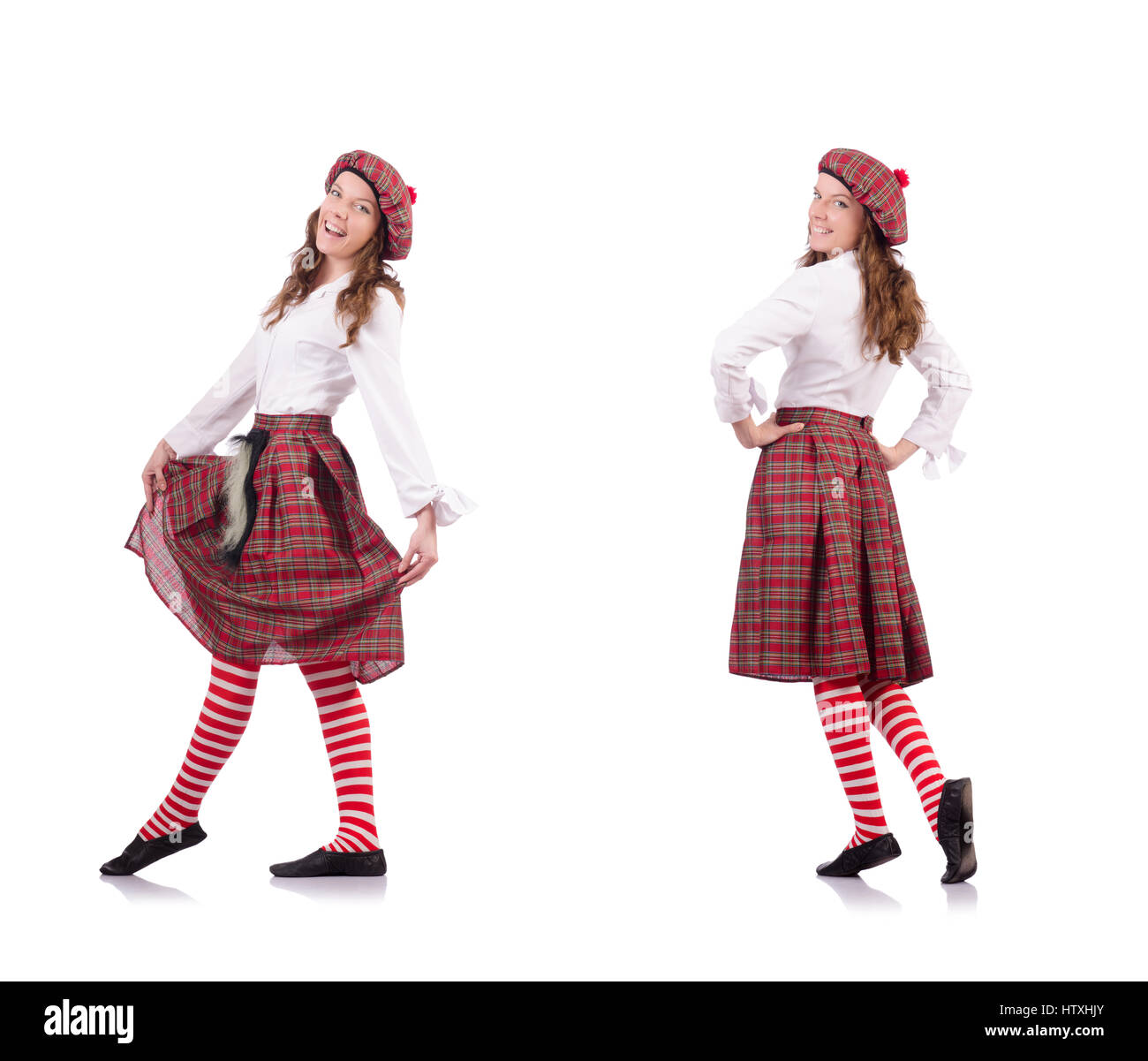 Pretty girl in plaid red clothing isolated on white Stock Photo - Alamy