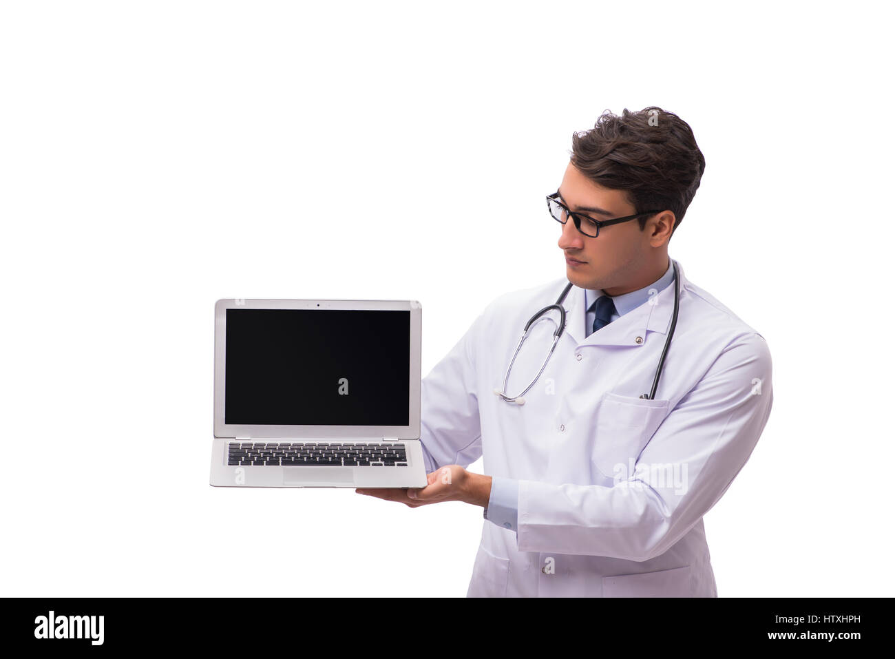 Doctor with laptop isolated on white background Stock Photo - Alamy