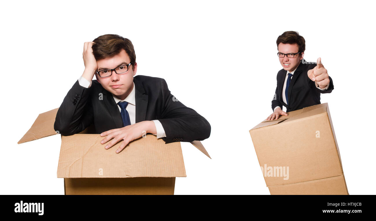 Funny man with boxes isolated on white Stock Photo - Alamy