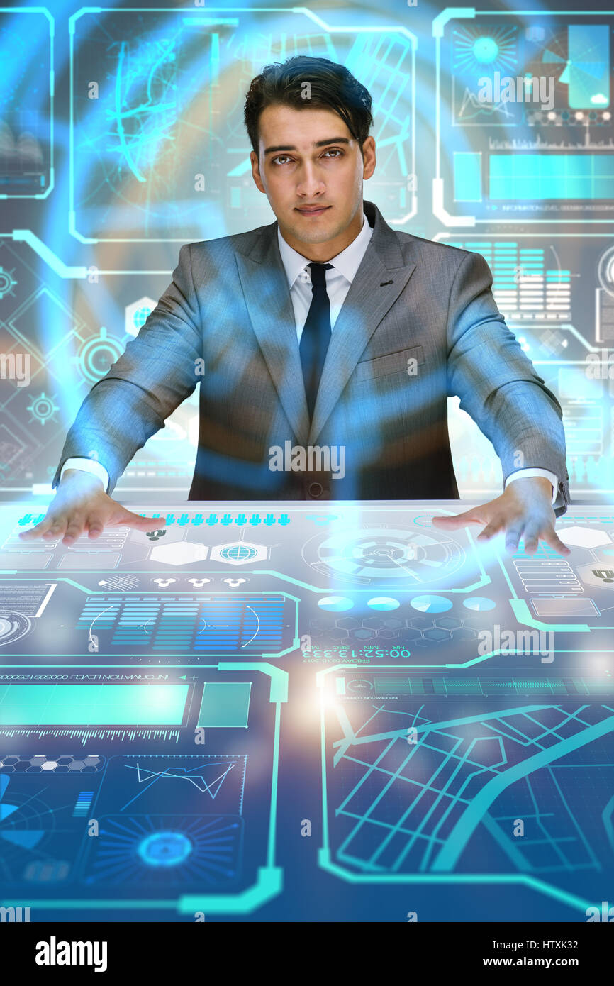 Man pressing virtual button in data mining concept Stock Photo - Alamy