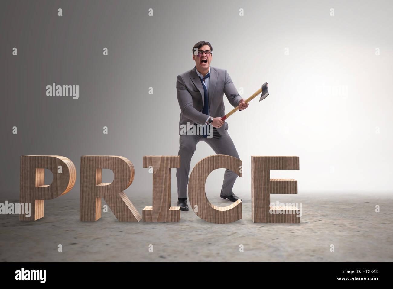 Angry man with axe axing the price word Stock Photo - Alamy
