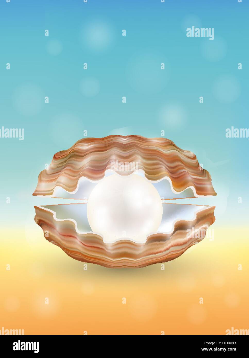 bright pearl in a opened sea shell with blur beach background Stock ...