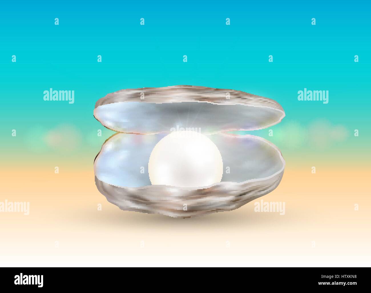 bright pearl in a opened sea shell with blur beach background Stock ...