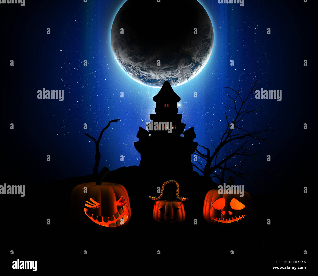 3D Halloween background with pumpkins and a silhouette of a spooky ...