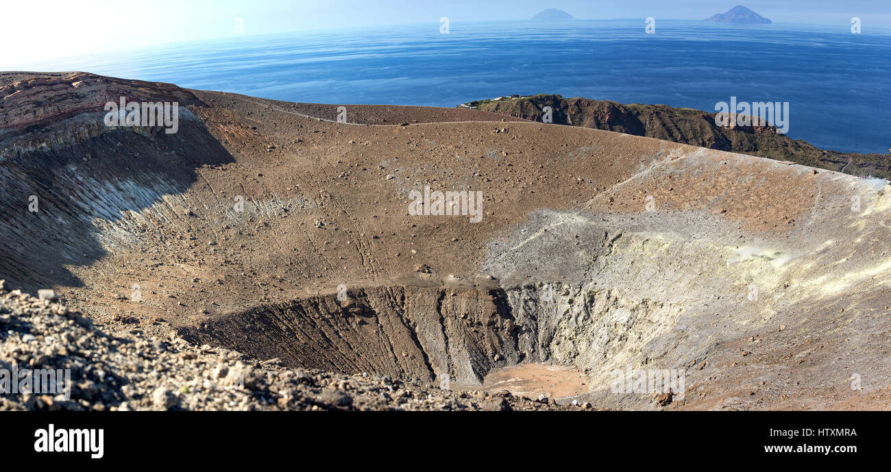 The vulcan Volcano crater, Aeolian Islands. In background Mediterranean ...