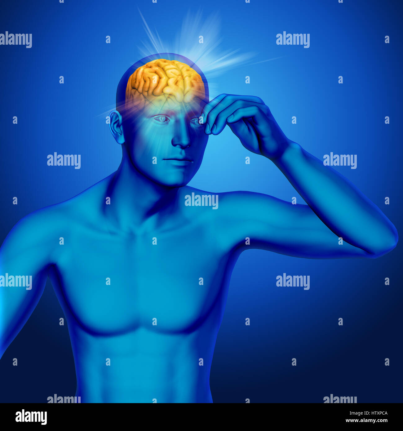 3D male medical figure with rays coming out of brain Stock Photo - Alamy