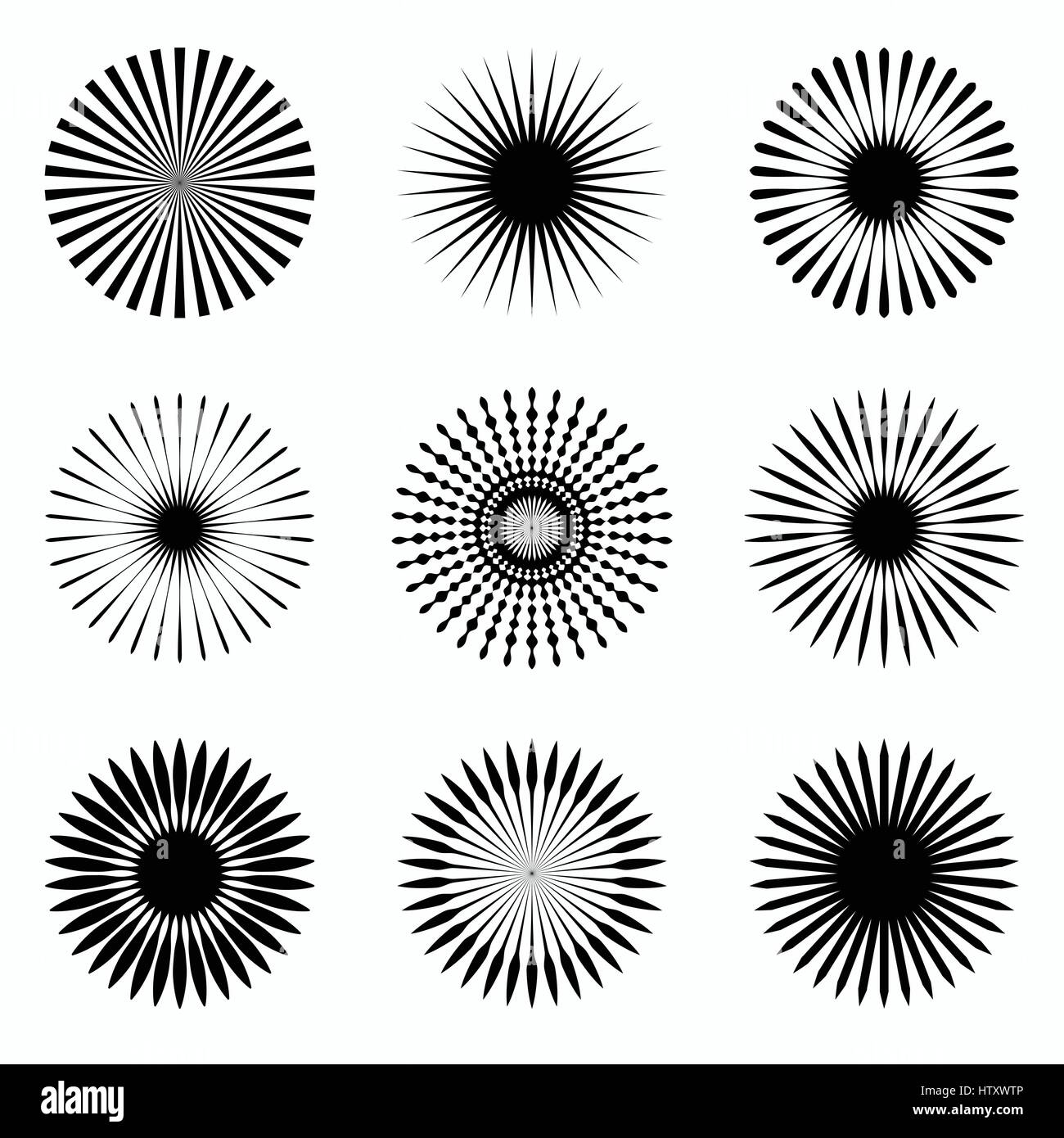 Set of 9 radial, radiating lines elements. Circular lines patterns ...