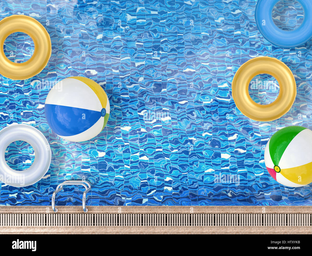 3d rendering pool top view with beach balls and swim rings Stock Photo ...