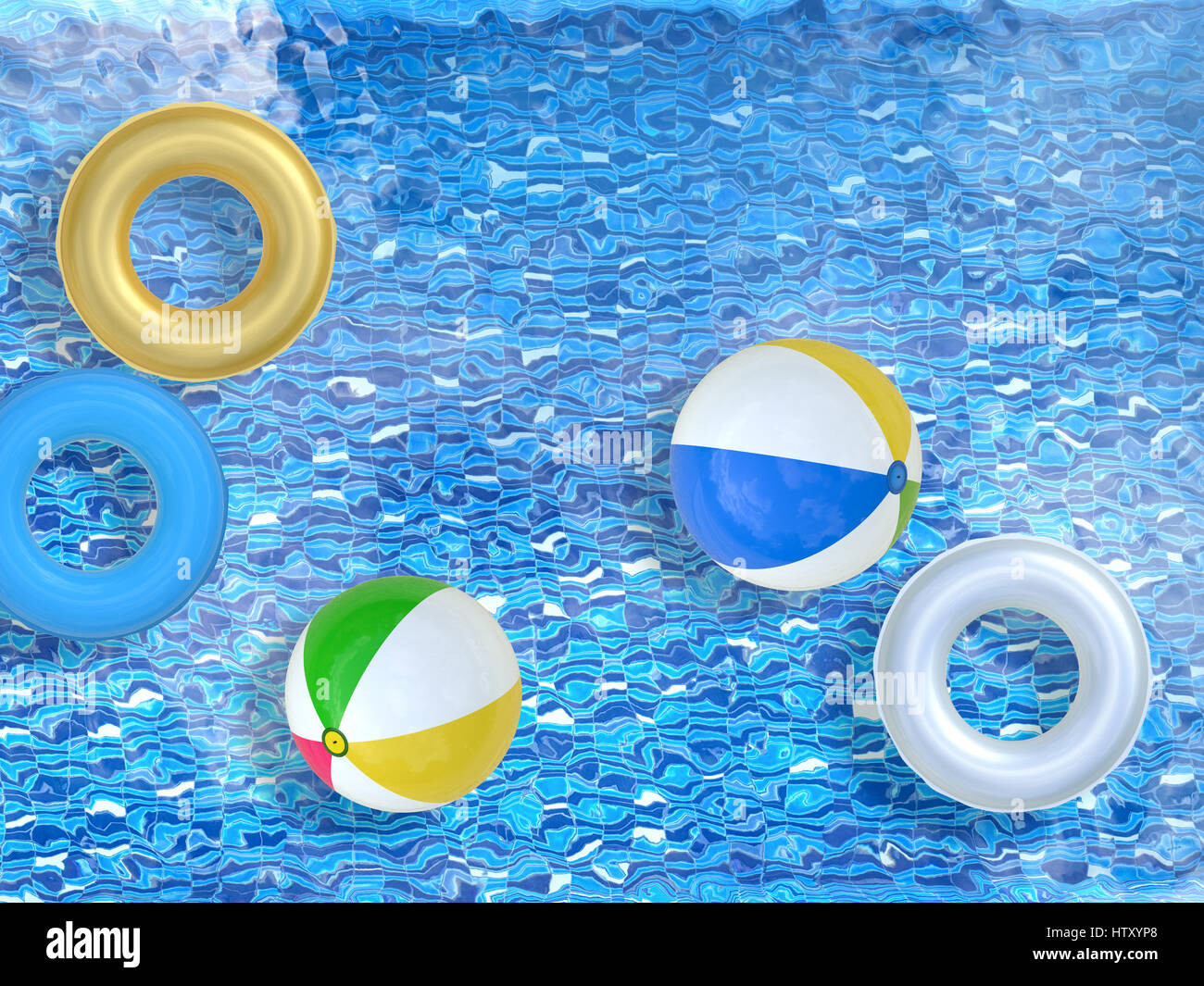 3d rendering pool top view with beach balls and swim rings Stock Photo ...