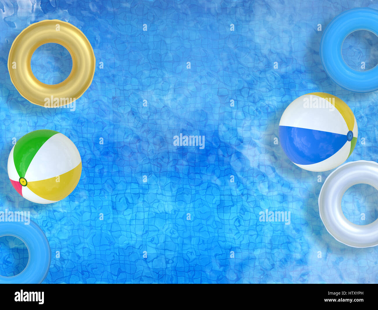 3d rendering pool top view with beach balls and swim rings Stock Photo ...