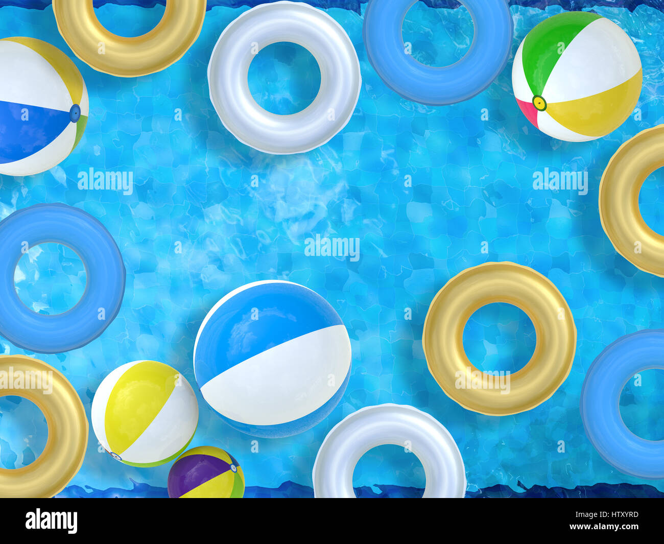 3d rendering pool top view with beach balls and swim rings Stock Photo ...