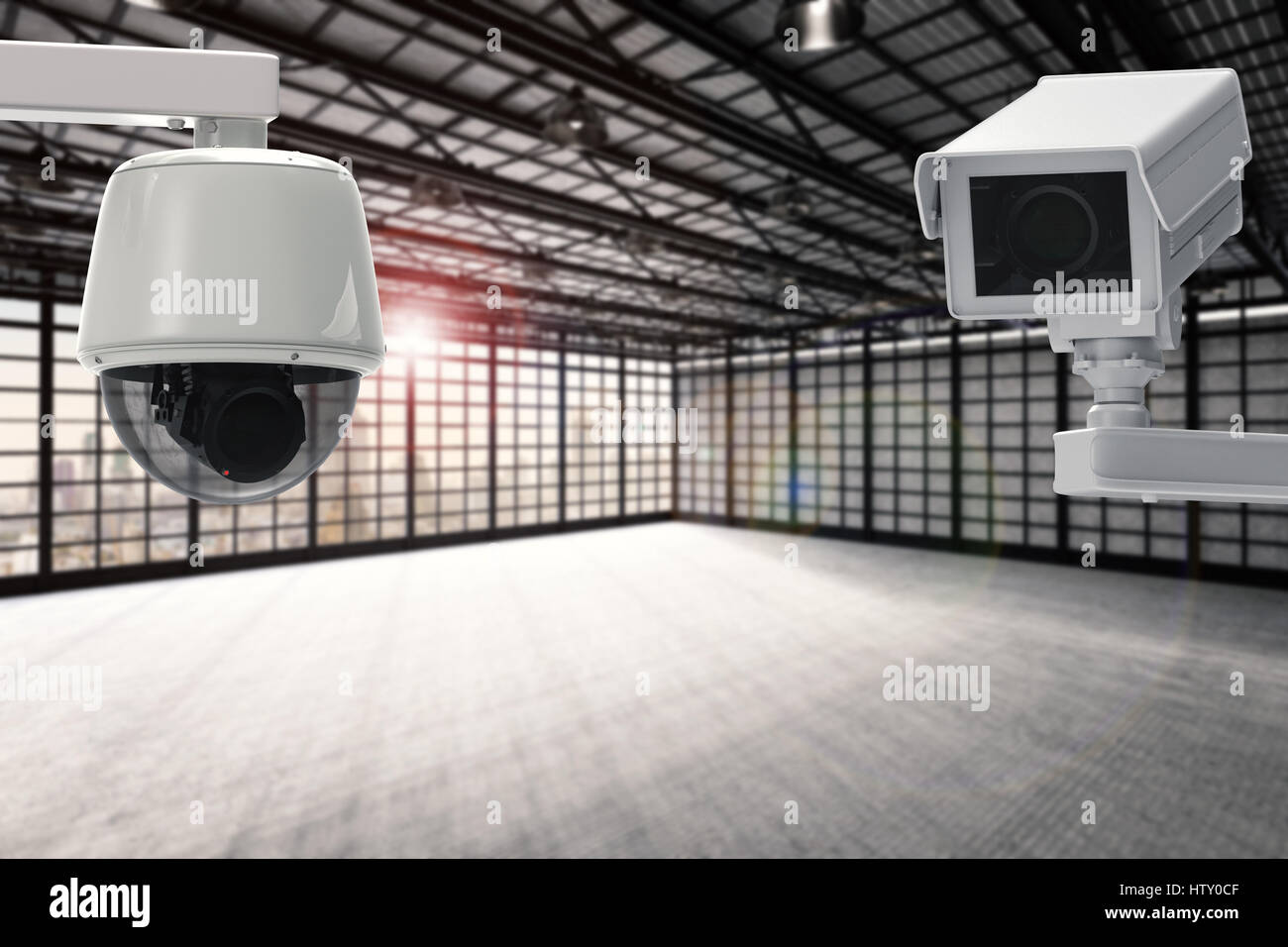 3d rendering security camera or cctv camera in empty factory Stock ...