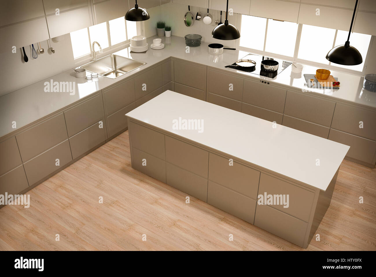 3d rendering modern kitchen interior on wooden floor Stock Photo - Alamy