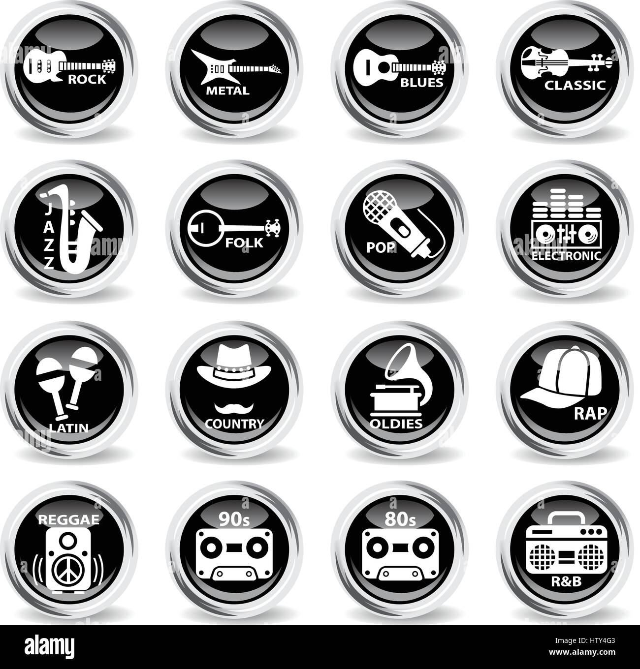 musical genre icons on stylish round chromed buttons Stock Vector Image ...