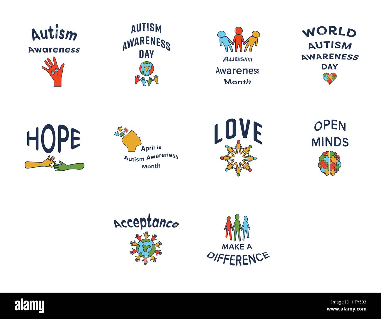 Vector icon set for autism awareness against white background Stock ...